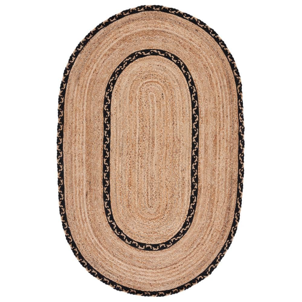 SAFAVIEH Natural Fiber Beige/Black 5 ft. x 8 ft. Border Woven Oval Area ...