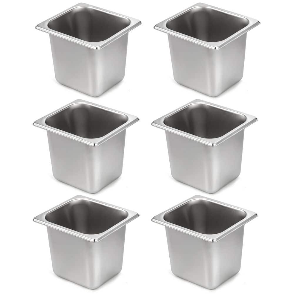 Anqtovp 6 Pack 1/6 Size 6 Deep Stainless Steel Silver Food Pan Heavy ...