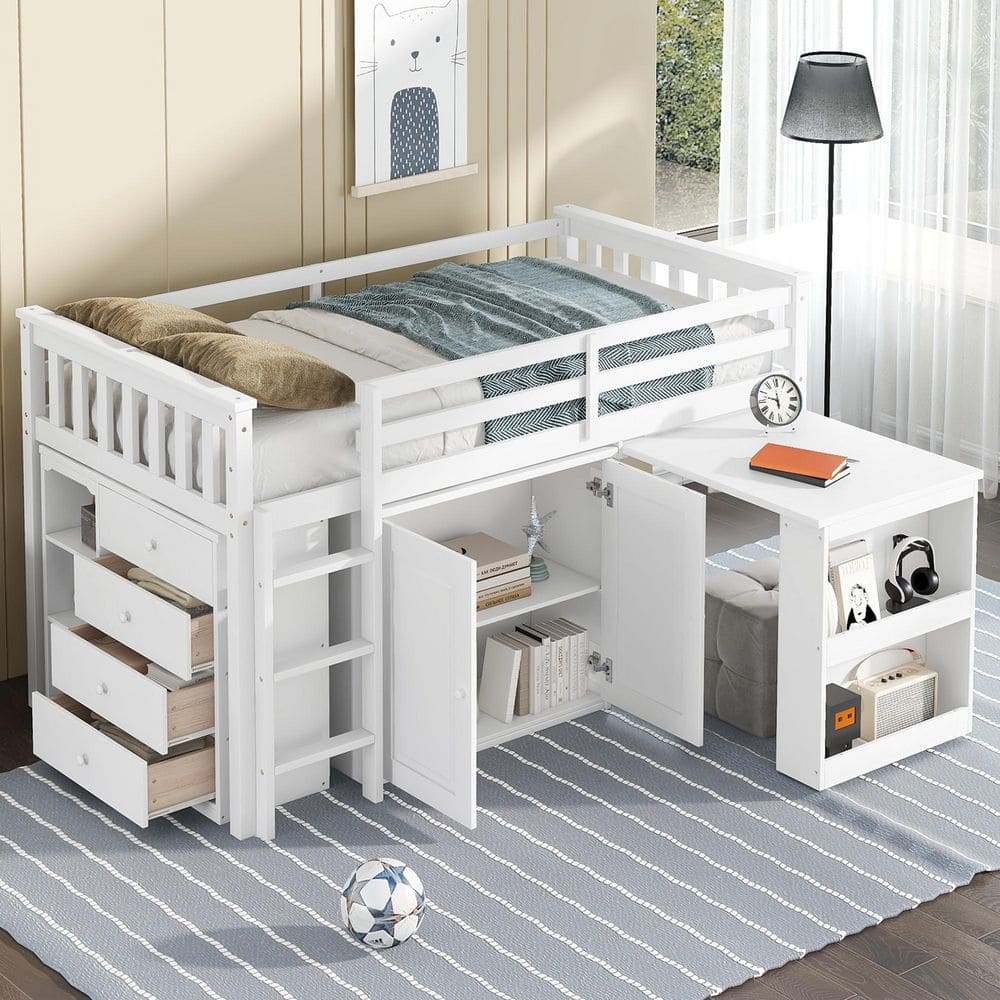 Qualler White Twin Wood Loft Bed with Storage Cabinet and Drawer ...
