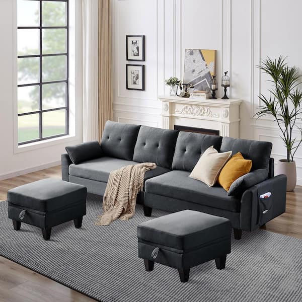 STICKON 101 in. W Straight Arms 4 Seat U Shaped Fabric Modern Sectional Sofa in Dark Gray with Storage Ottoman HYM HD04280094