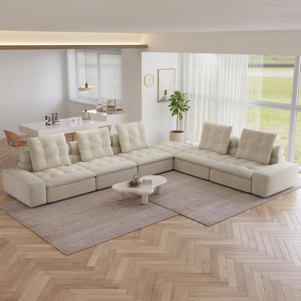 J&E Home 161.4 in. W Square Arm 6-Piece Velvet Modular Deep Seat Sectional Sofa with Ottoman in ...