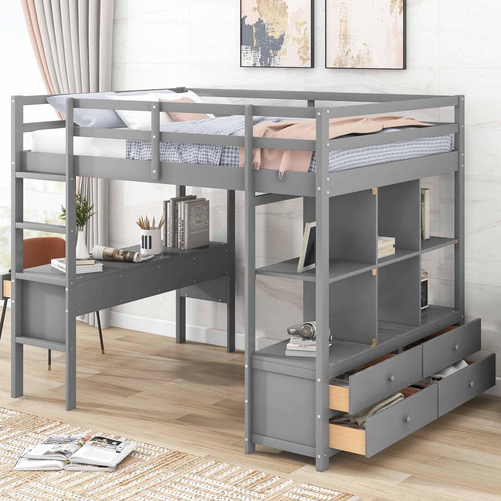 Polibi Gray Full Size Wood Loft Bed with Built-in Desk with 2-Drawers, and Storage Shelves and ...