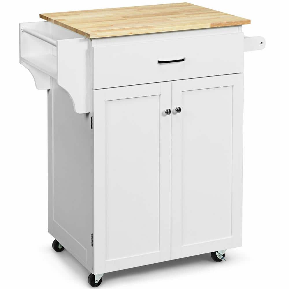 ANGELES HOME 32 in. W White Rolling Kitchen Cart Island with Wood ...