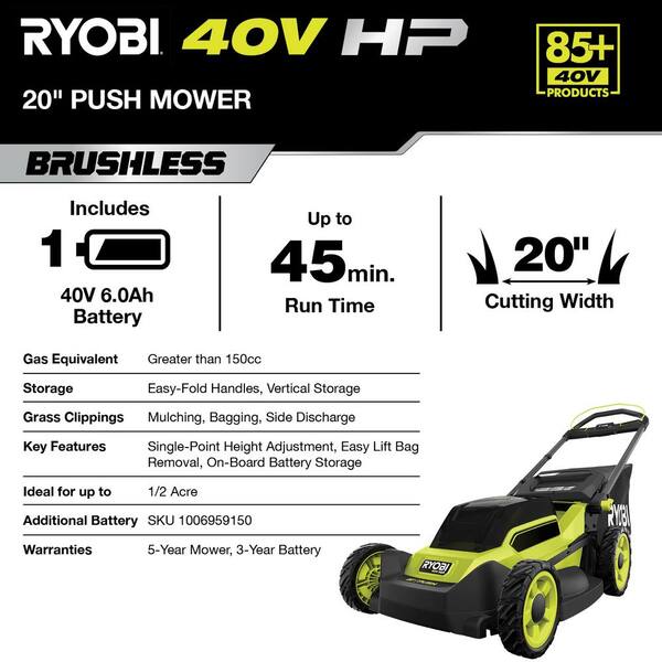 RYOBI 40V HP Brushless 20 in. Cordless Battery Walk Behind Push Lawn Mower String Trimmer Blower Batteries and Chargers RY401170 RY40960