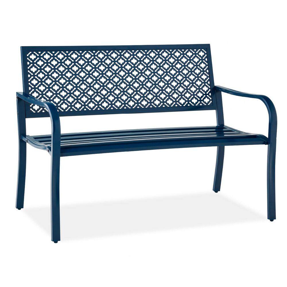 50 in. 2-Person Peacock Blue Metal Outdoor Bench with Geometric ...