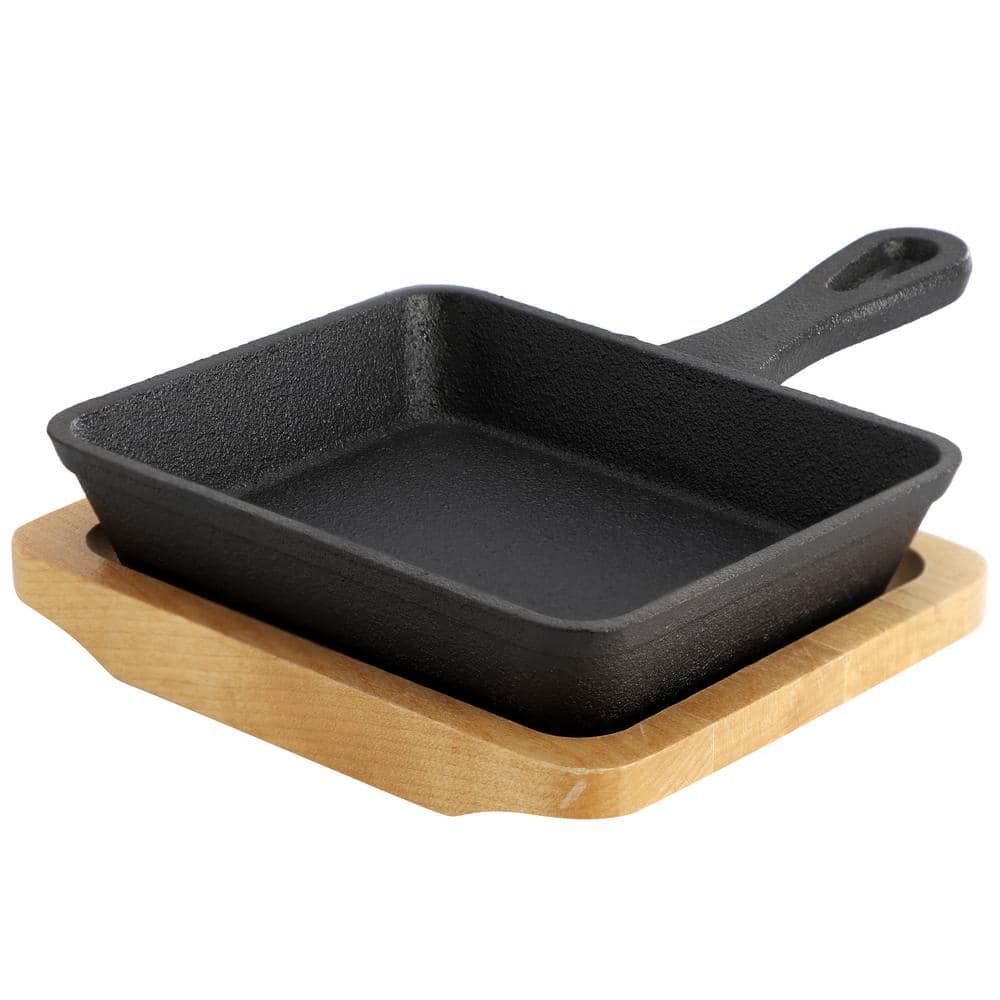 MegaChef 5 in. x 7 in. Mini Cast Iron Square Pan with Wood Tray ...