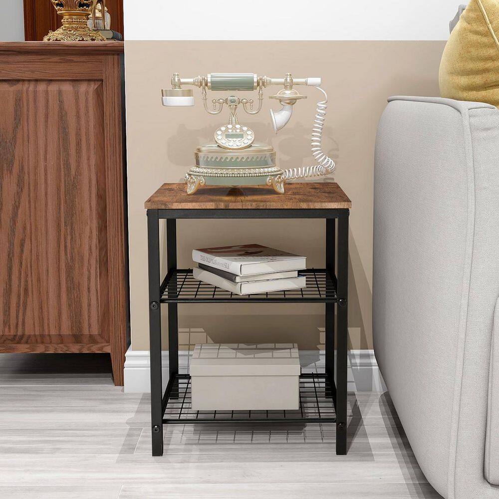 Tileon 3 Tier End Table in Rustic Brown, Side Table Nightstand Storage ...