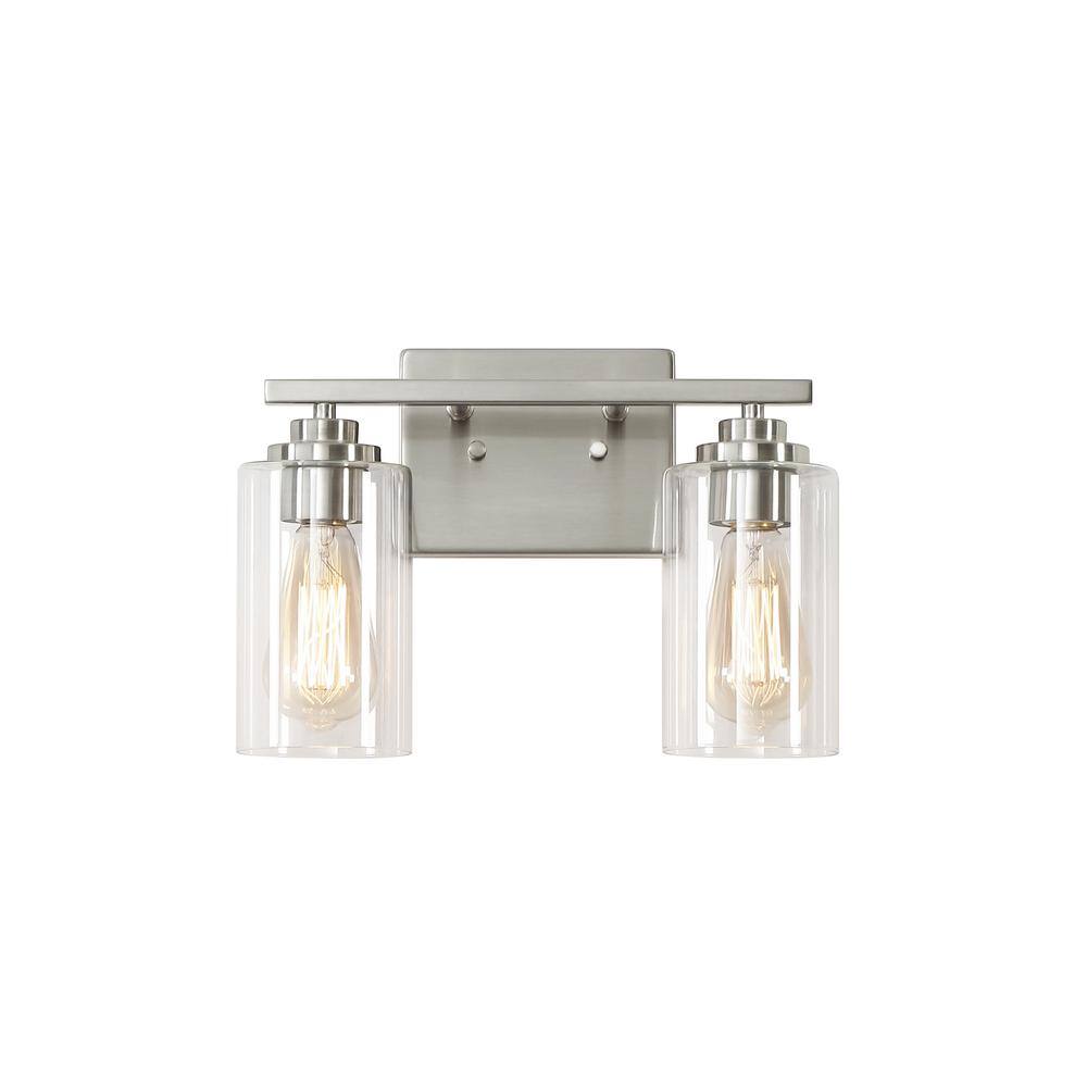 KAWOTI 13 in. 2-Light Brushed Nickel Vanity Light with Clear Glass ...