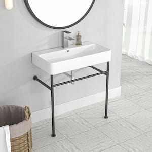Logmey 24 in. Ceramic White Single Bowl Console Sink Basin and Legs ...