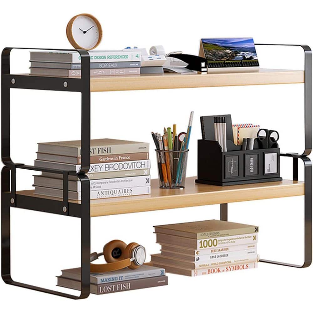 Afoxsos 2-Tier 15.7in. W x 7.87in. D Black Wood Office Desk Shelf ...