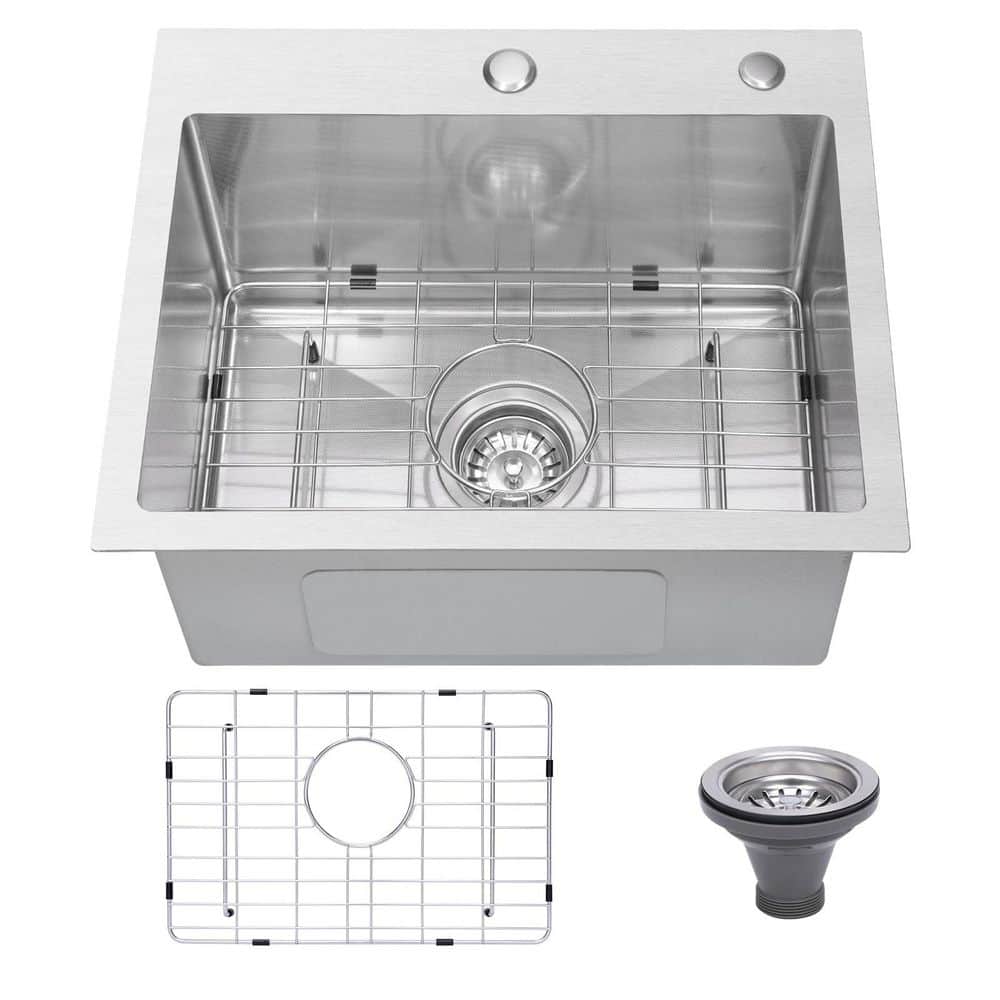 Wudkey 25 in. Drop In Single Bowl 18 Gauge Stainless Steel Kitchen Sink ...
