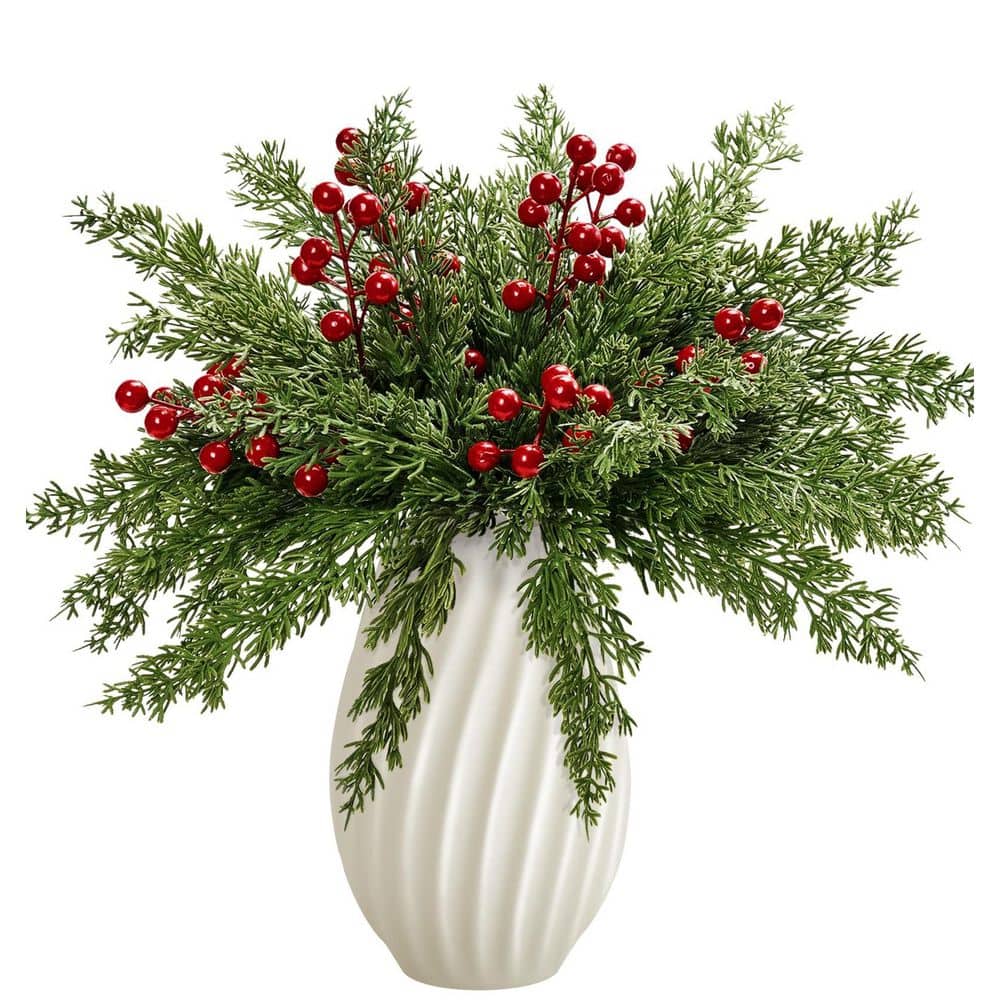10.5 in. 45 Pieces Artificial Pine Branches with Red Berry Stems ...