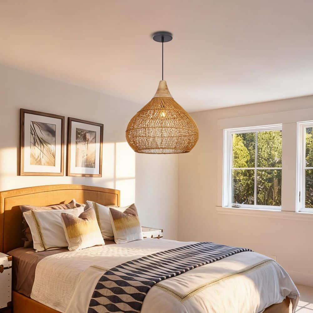 ARTURESTHOME 1 Light Natural Brown Hand-Woven Rattan Pendant Light with ...
