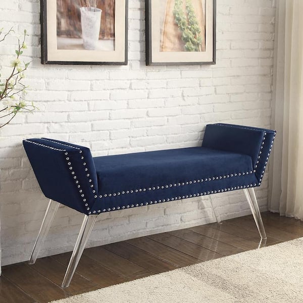 Inspired Home Lexi Navy Velvet Ottoman Bench Nailhead Trim Acrylic Legs ...