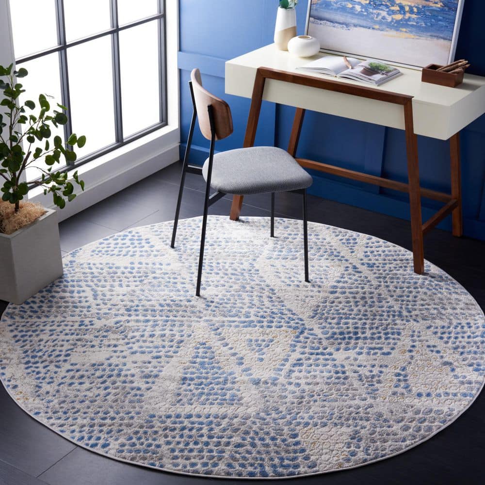 SAFAVIEH Palma 7 ft. x 7 ft. Beige/Blue Spotted Triangle Print Round ...