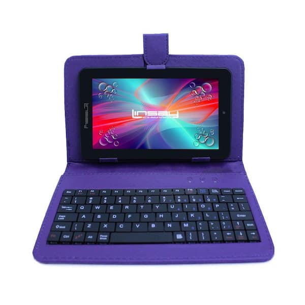 LINSAY 7 in. 64GB Android 13 Tablet with Purple Leather Keyboard ...