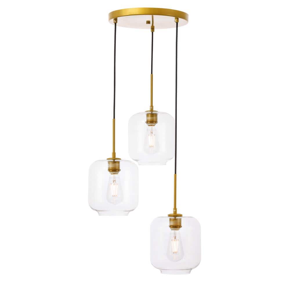 Timeless Home 17.5 in. 3-Light Brass and Clear Glass Pendant Light ...
