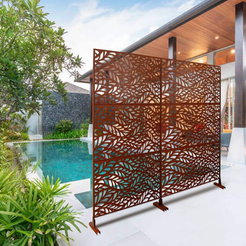 76 in. x 48 in. Brown Privacy Screen Metal Freestanding Decorative ...