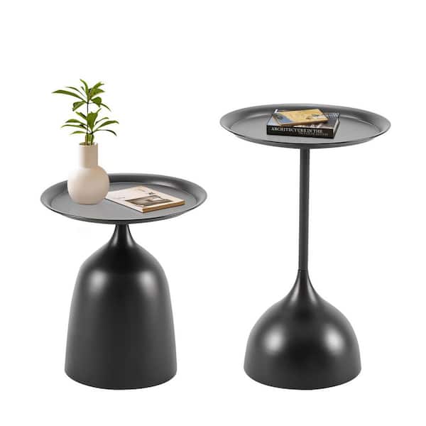 Set of 2 Outdoor Modern Metal Side Tables, Black Tray-Top Accent Tables ...
