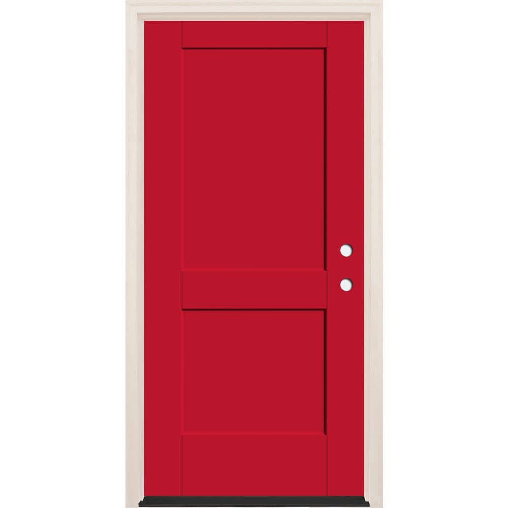 Builders Choice 36 in. x 80 in. 2-Panel Left-Hand Ruby Red Fiberglass Prehung Front Door w/6-9/ ...