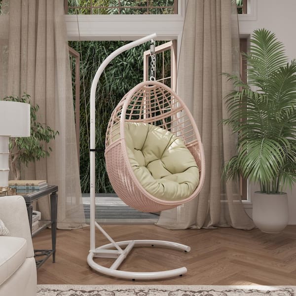 36 in. W Beige Hand Woven Wicker Metal Outdoor Freestanding Patio Swing Egg Chair with Cushion and Stand