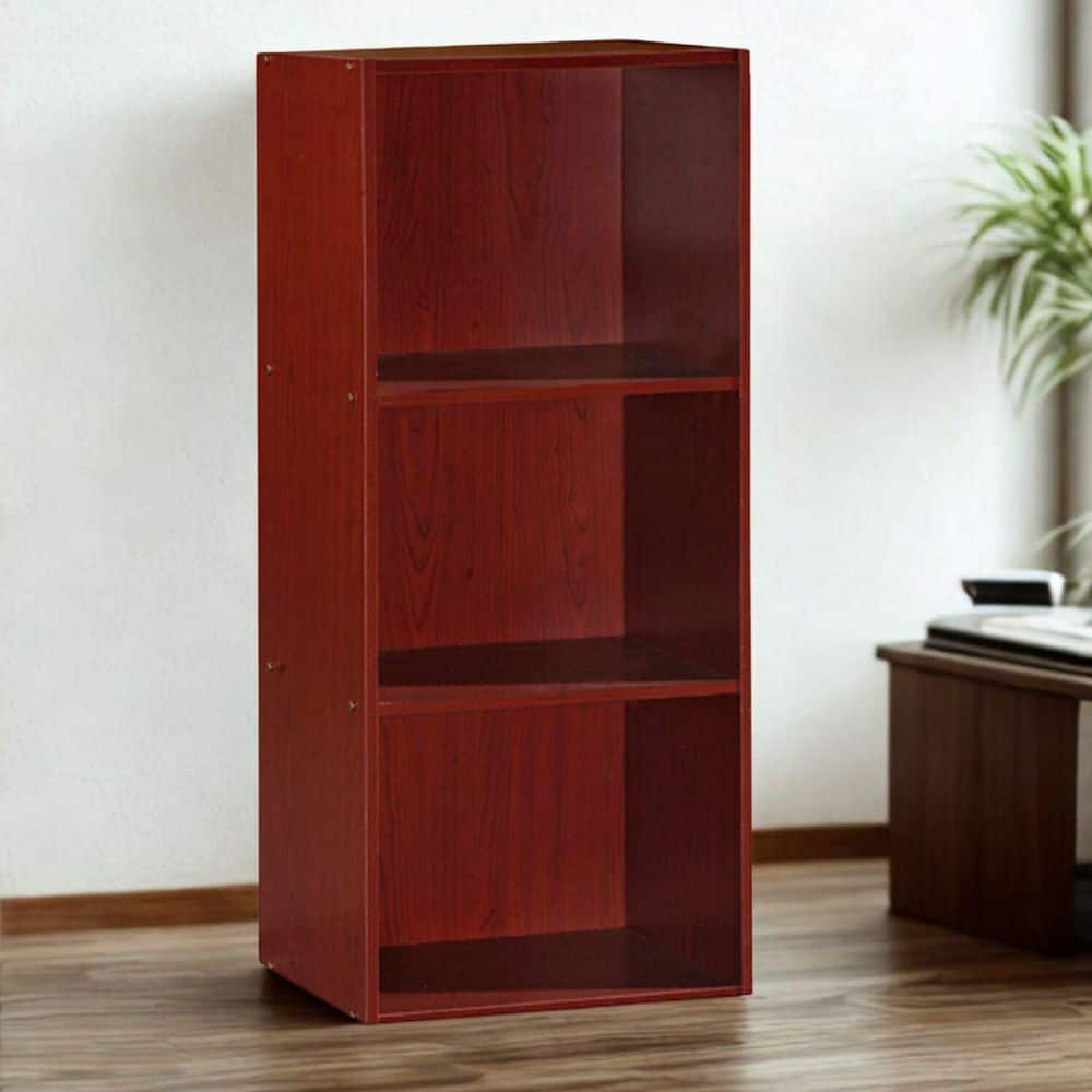 L'Baiet 35.6 in. Tall Mahogany Wood 3-Shelf Bookcase with Open Storage ...