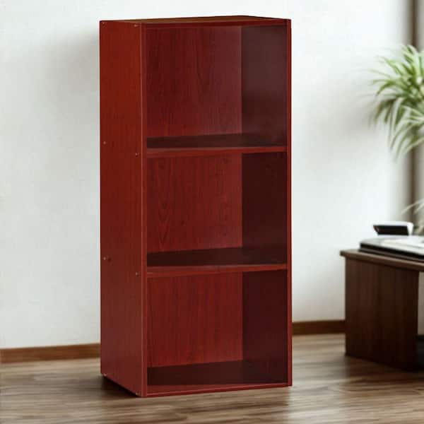 L'Baiet 35.6 in. Tall Mahogany Wood 3-Shelf Bookcase with Open Storage ...