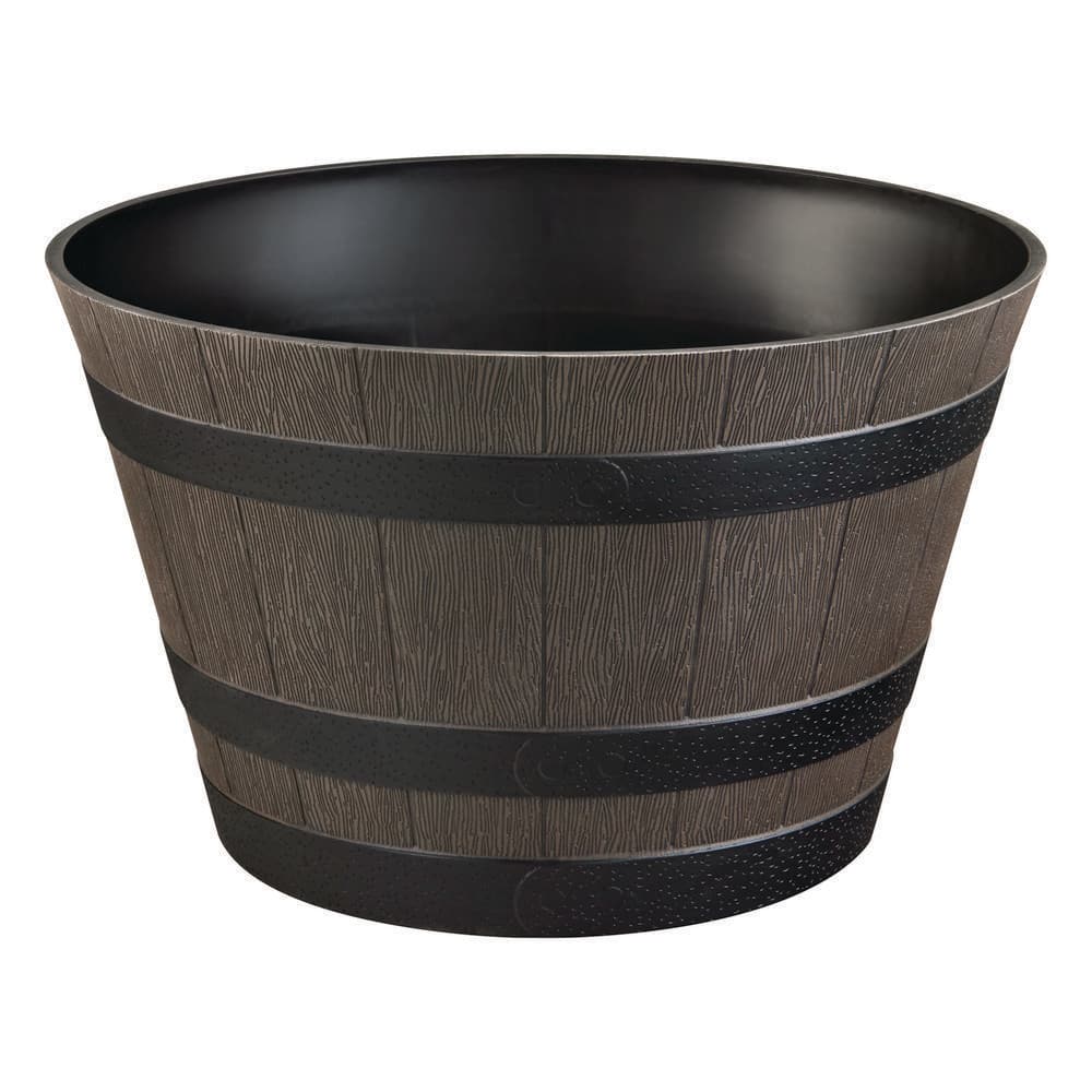 Vigoro Cameron Whiskey Barrel Large Brown Resin Round Planter (22 in. L ...
