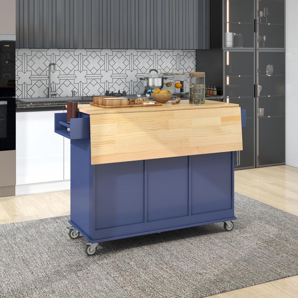 Clihome Dark Blue Solid Wood 52.76 in. Buffet with Locking Wheels and ...