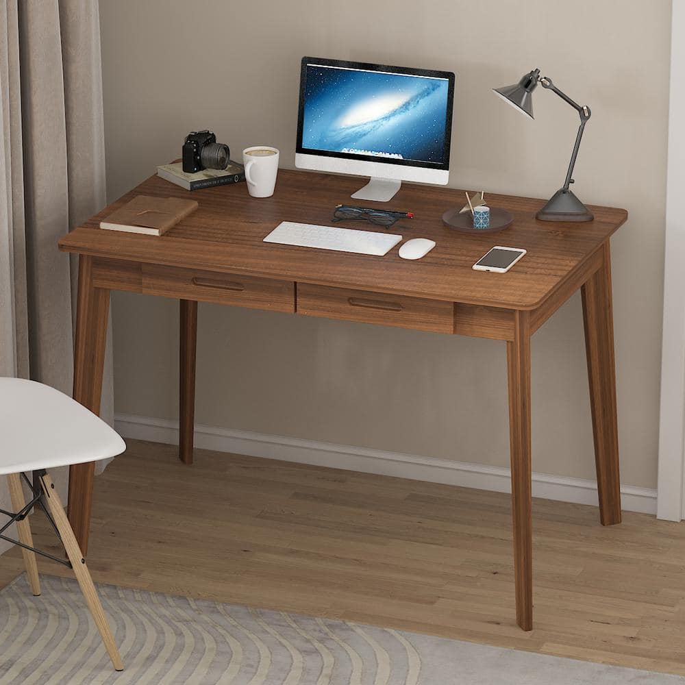 FUFU&GAGA 39.4 in. W-29.5 in. H Brown Walnut Computer Desk with 2 ...