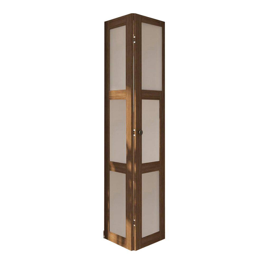 Gela 24 in. x 80 in. 3-Lite Frosted Glass Solid Core MDF Brown Closet ...