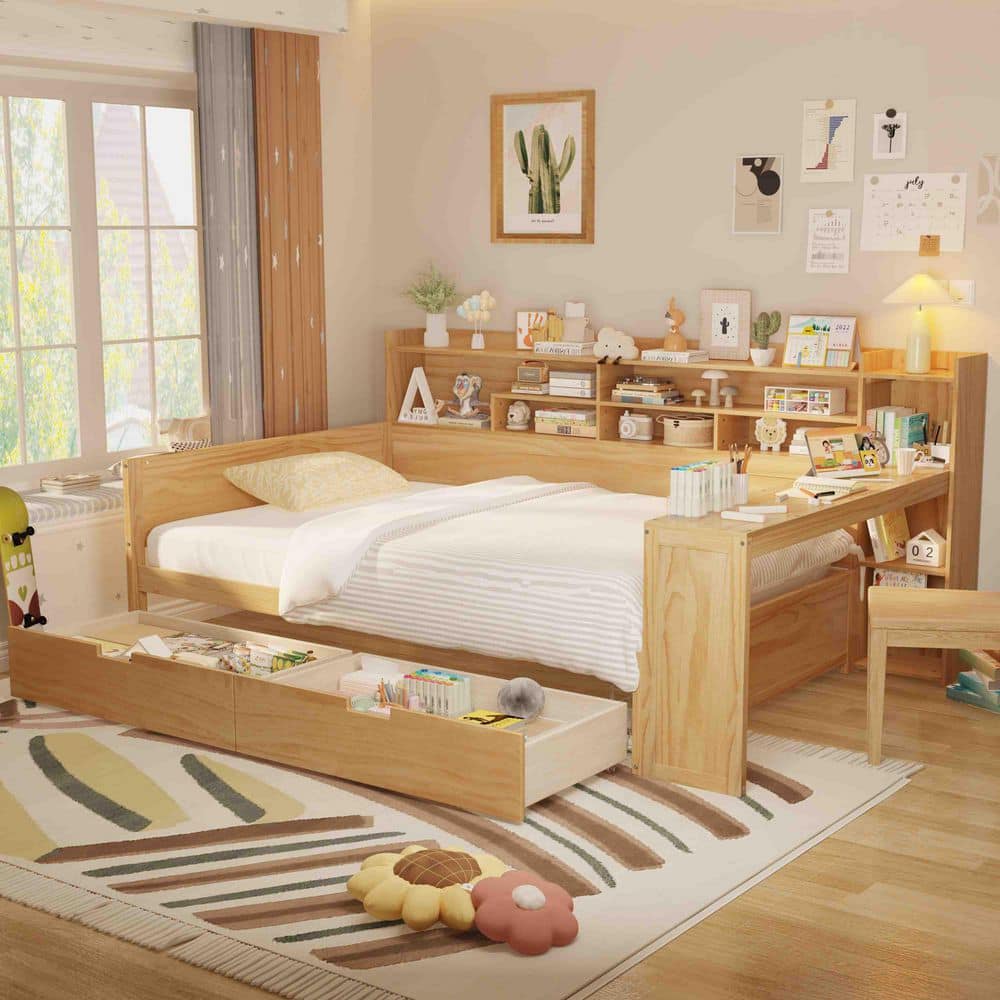 Polibi Natural Twin Daybed with Storage Shelves, 2 Storage Drawers and ...