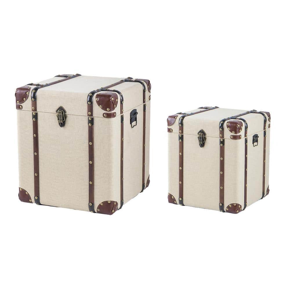 Benjara Vina 18 in. Cream and Brown Faux Leather Wood Accent Storage ...