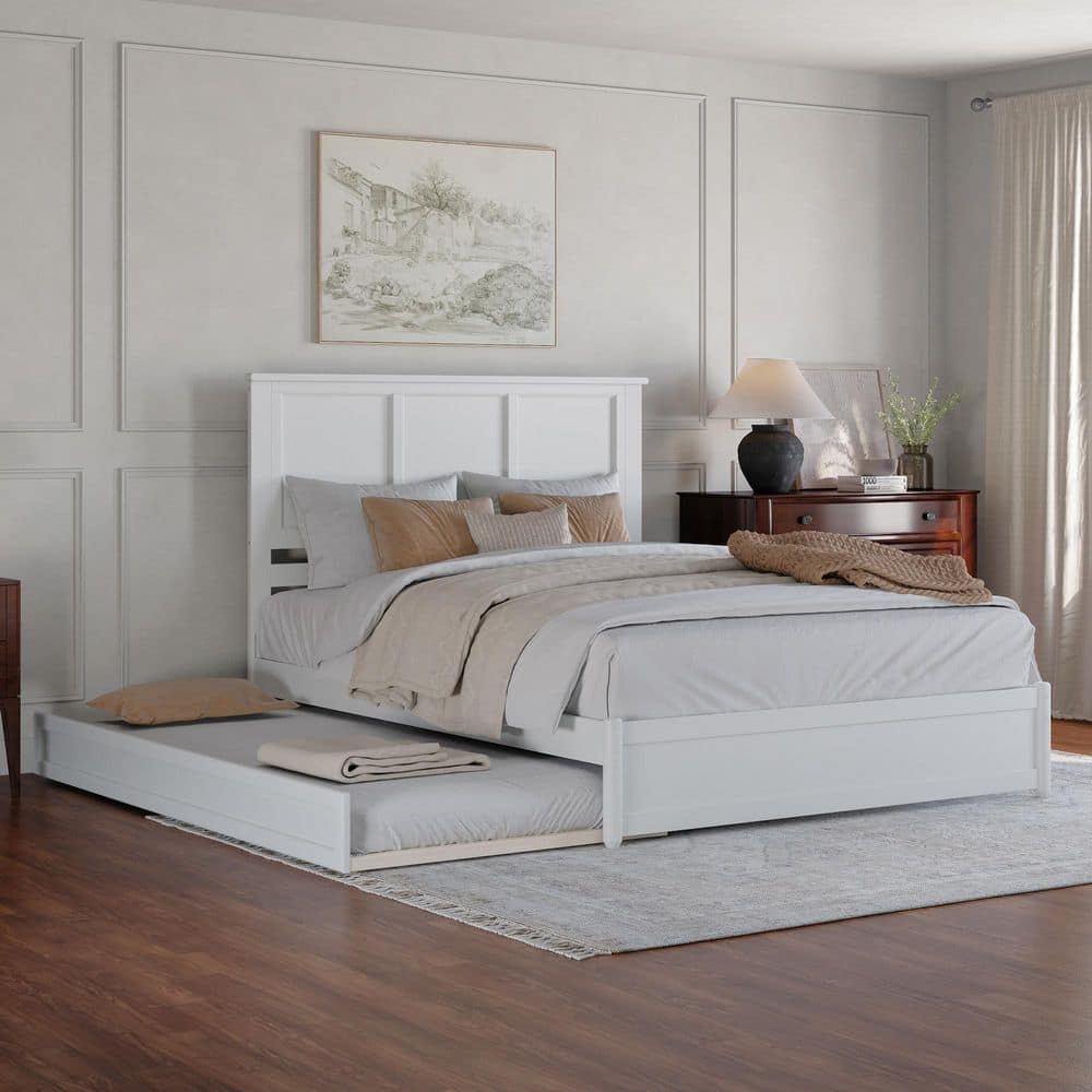 AFI Felicity White Solid Wood Frame Queen Platform Bed with Panel Footboard and Twin XL Trundle ...