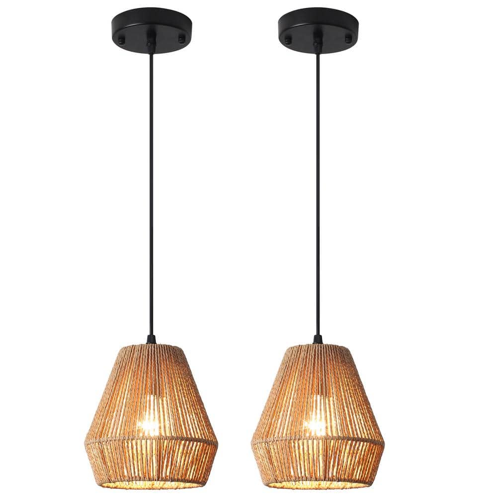 ZJVAIVE 1-Light Gold Drum Hanging Pendant Light with Brown Paper Rattan ...