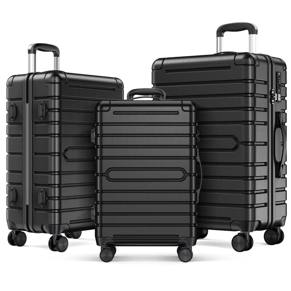 3-Piece Black Luggage Sets Hard Shell Luggage Sets with Spinner Wheels ...