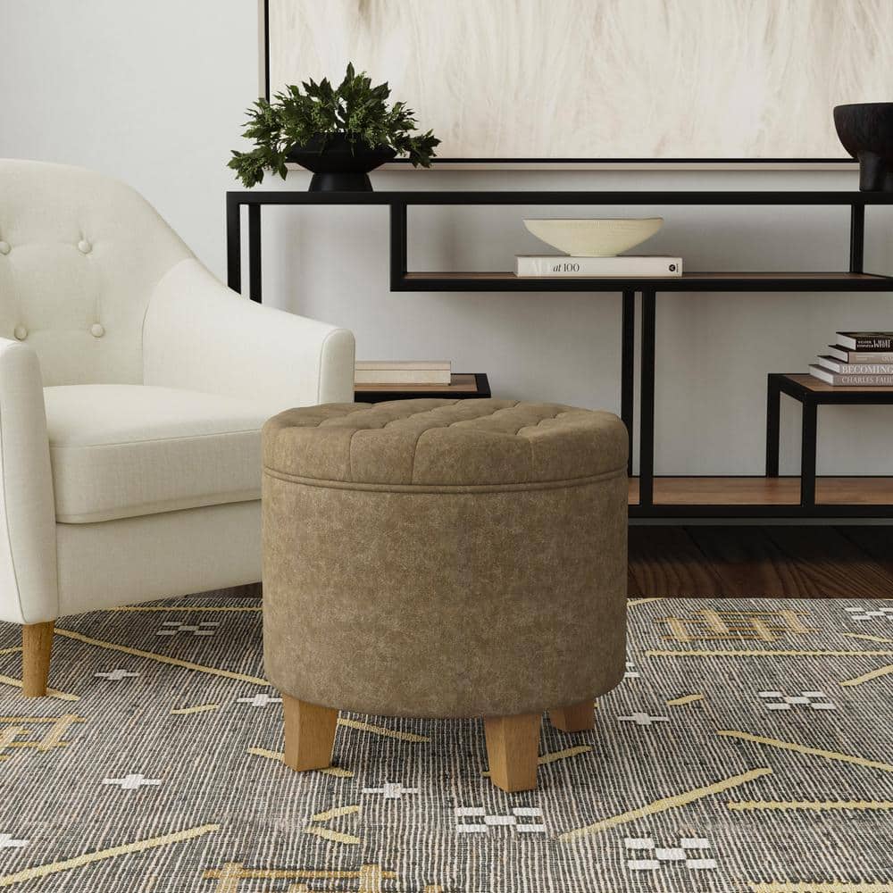 Homepop Button Tufted Mocha Velvet Round Storage Ottoman with Lift-Off ...