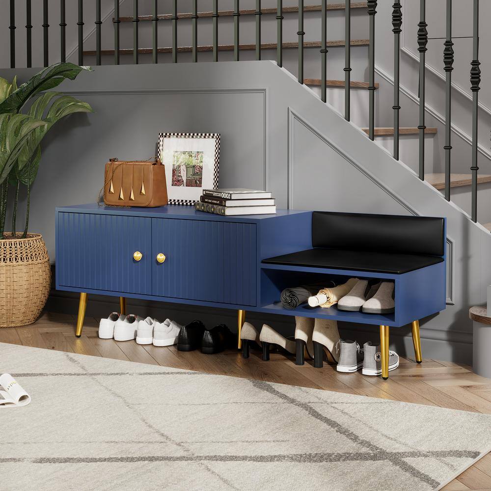 Qualler Navy Blue Dining Bench with Back with Hidden Storage 54.5 in ...