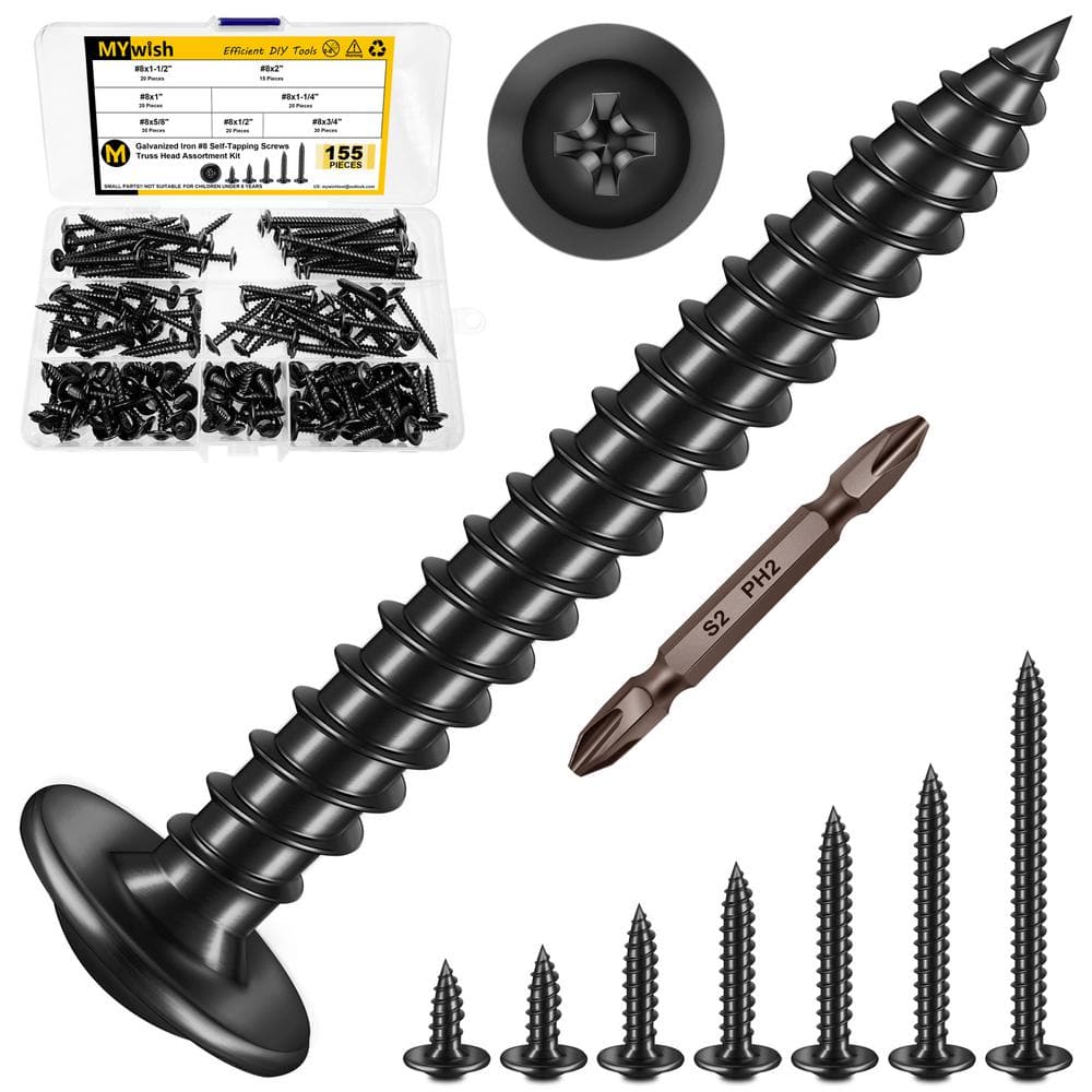 MYWISH 155-Piece #8 Truss Head Wood Screws Kit, Black Self-Tapping ...