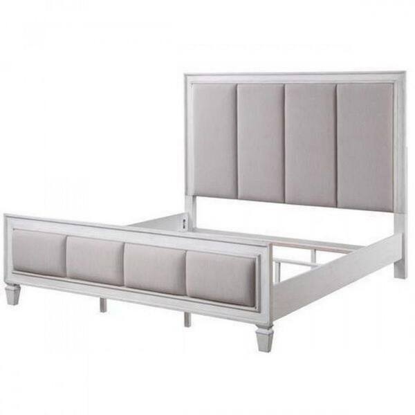 Benjara White and Gray Wood Frame Queen Platform Bed with Tufted Fabric ...