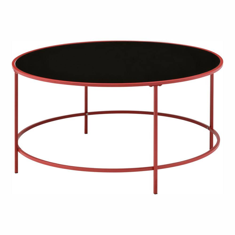 Furniture of America Skyes 36 in. Red Coating Round Glass Top Coffee ...