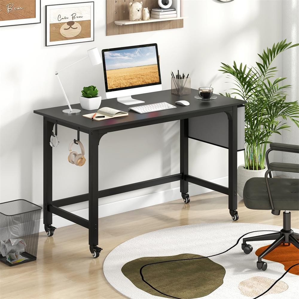 HONEY JOY 48 in. Rectanglar Black Rolling Computer Desk Study Writing ...