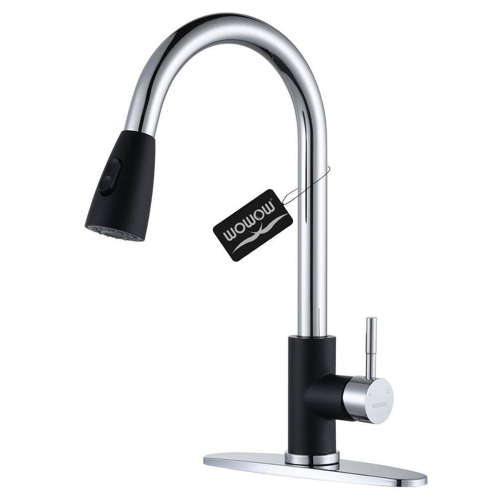 WOWOW Single-Handle Pull-Down Sprayer Kitchen Faucet with Stream and PowerSpray Mode in Polished ...