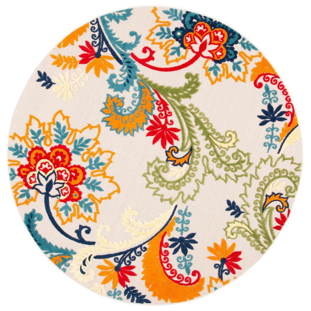 SAFAVIEH Cabana Ivory/Blue 5 ft. x 5 ft. Floral Scroll Round Indoor ...