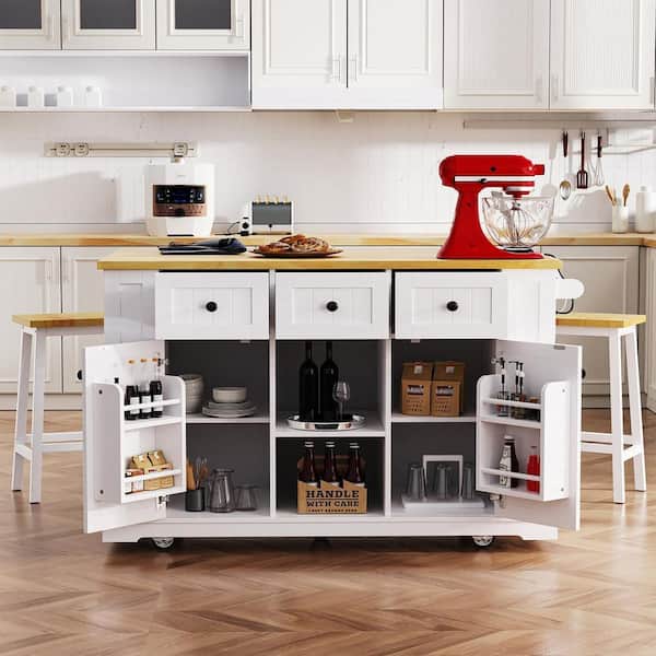 Staykiwi White MDF Kitchen Cart with 2-Door Cabinet, Spice Rack, Drop ...