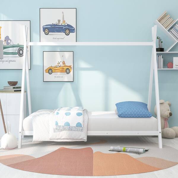 White Twin Size Metal Floor Play House Bed Tent Bed Frame with Slats