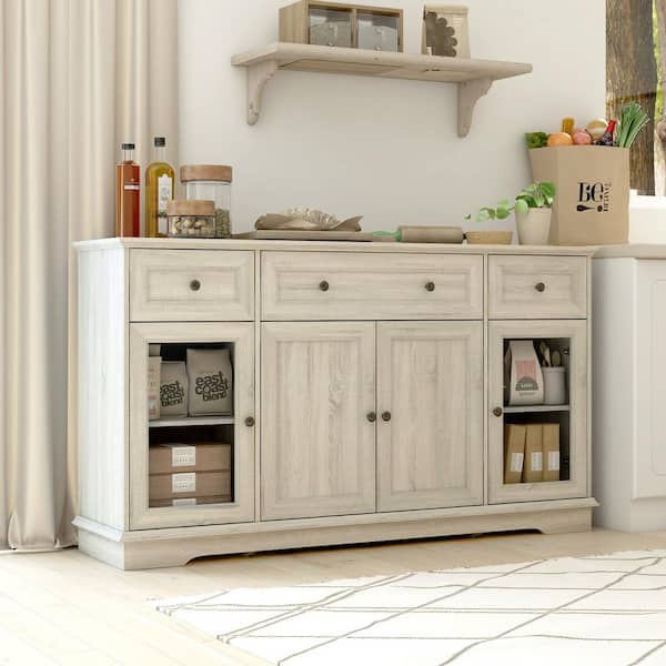 FUFU&GAGA Retro Beige Light Wood Grain Wooden 63 in. W Sideboard, Storage Cabinet, Food Pantry ...