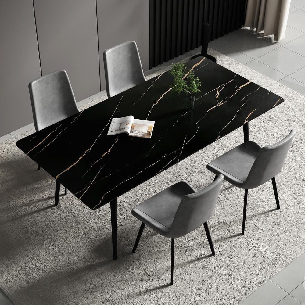 THE RIGHT PATH 70.8 in. Rectangle Black Stone Top Dining Table with ...