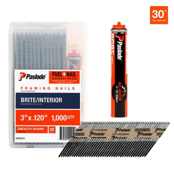Paslode 3 in. x 0.120-Gauge Brite Smooth Shank FUEL + NAIL Pack (1,000 ...