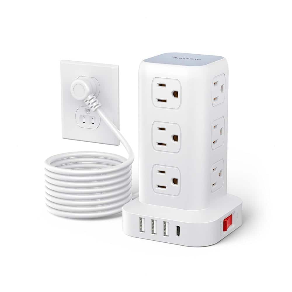 Lukyamzn 10 ft. Flat Plug Extension Cord Power Strip Tower 12-Outlets ...
